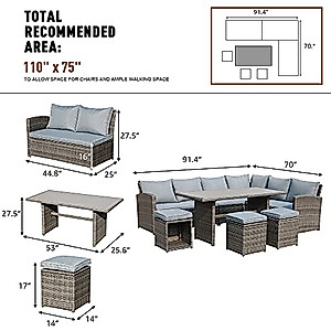 JOIVI Patio Furniture Set, 7 Piece Patio Dining Sofa Set, Outdoor Sectional Sofa Conversation Set All Weather Wicker Rattan Couch Dining Table & Chair with Ottoman, Gray