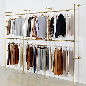 ZGZR Wall Mounted Industrial Pipe Clothing Garment Racks, Metal Clothing Store Display Stands Clothes Rack Multi-purpose Heavy Duty Hanging Rod for Closet Storage, 134in Gold