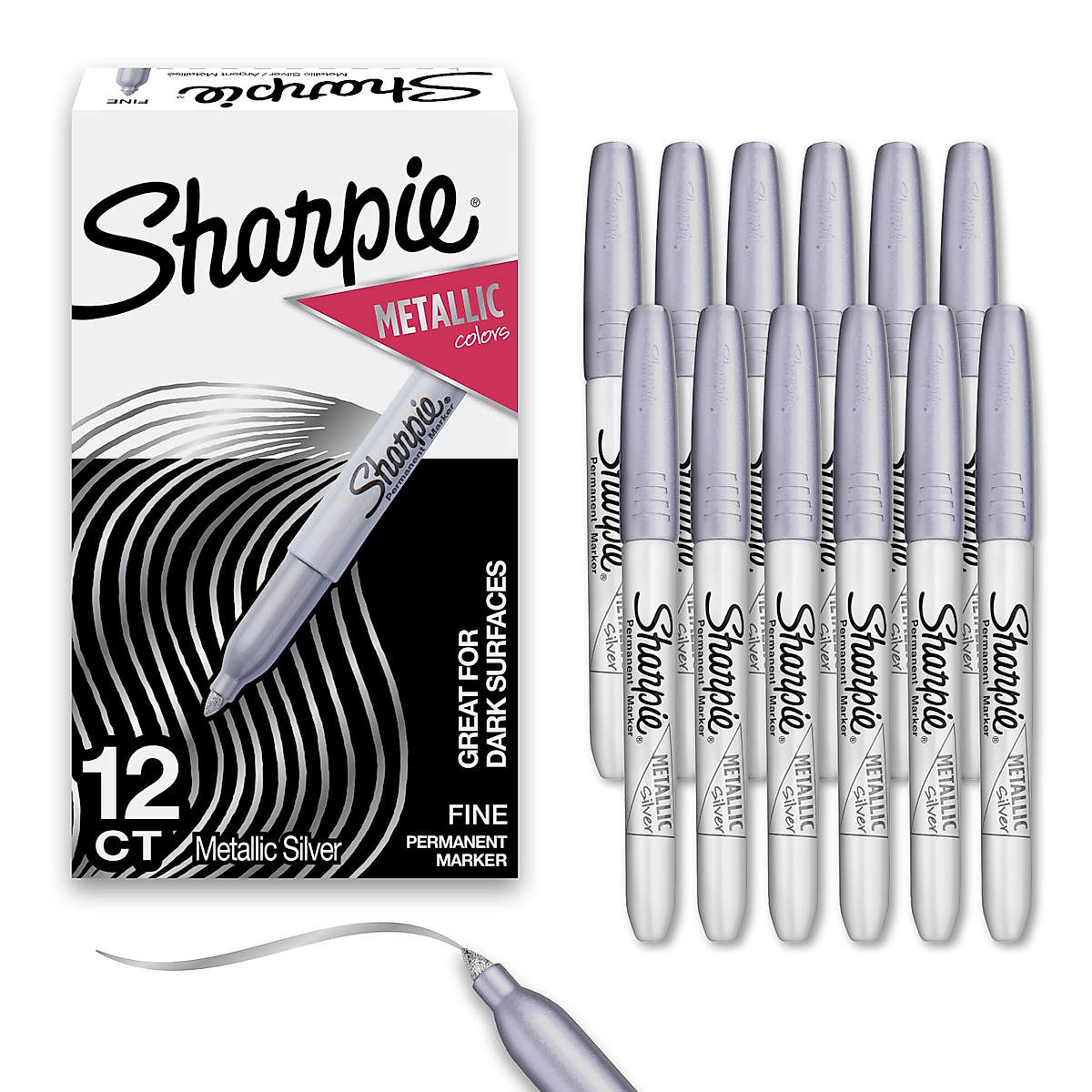SHARPIE Metallic Permanent Markers, Fine Point, Silver, 12 Count
