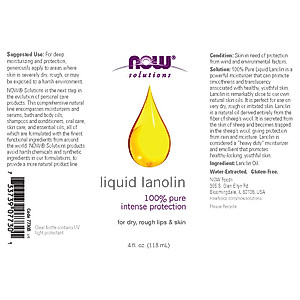 NOW Foods Solutions, Liquid Lanolin Pure, Intense Protection, Formulated for Dry Rough Lips and Skin, 4-Ounce