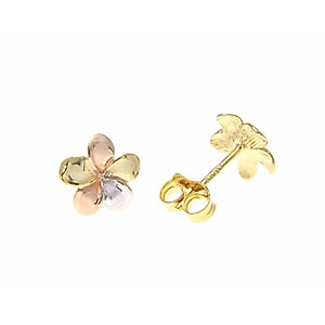 tricolor gold Hawaiian 9mm plumeria flower stud post earrings