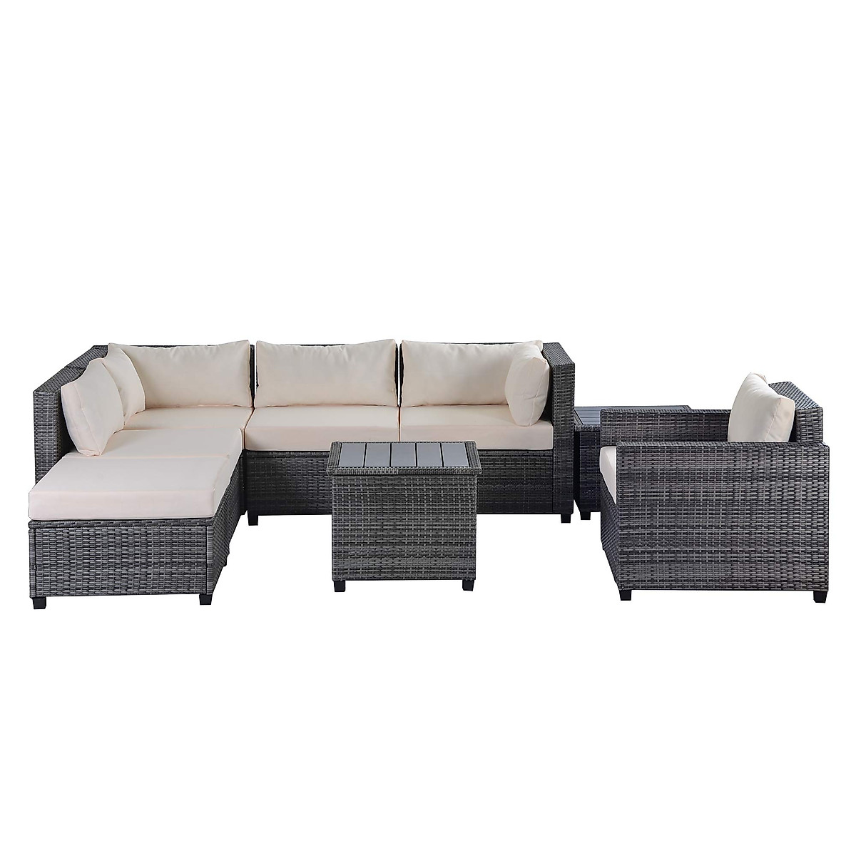 Merax, Beige 8 PCS Patio Conversation Sets PE Rattan Wicker Outdoor Sectional Group with Table and Cushions