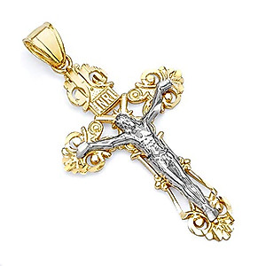 Wellingsale 14K Two 2 Tone White and Yellow Gold Polished Religious Catholic Gothic Crucifix Charm Pendant