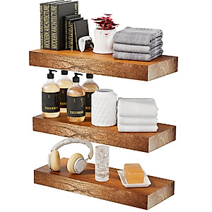 TREEMBER Wooden Floating Shelves for Wall 15.7" Rustic Wall Mounted Shelves Set of 3 Natural Paulownia Wood Shelves Décor for Bedroom,Living Room,Kitchen (Brown)