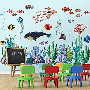 RW-1029 3D Removable Ocean Animals Wall Decals Under The Sea Animals Wall Stickers Fish Whale Seaweed Coral Decals DIY Marine Animals Sea View Wall Art Decor for Kids Baby Bedroom Living Room Nursery