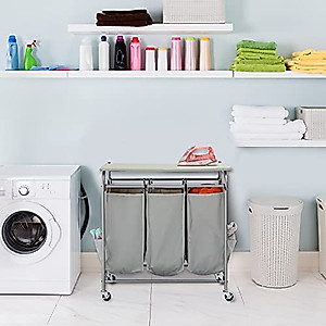 HollyHOME Laundry Basket Sorter with Ironing Board and 4 Wheels,Laundry Hamper with Sturdy Small Bags for Laundry Room Grey