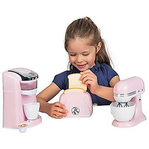 Battery Operated Gourmet Kitchen APPLIANCES (Child Size) has Pink & White Coffee Maker w Coffee PODS, Mix Master and Blender