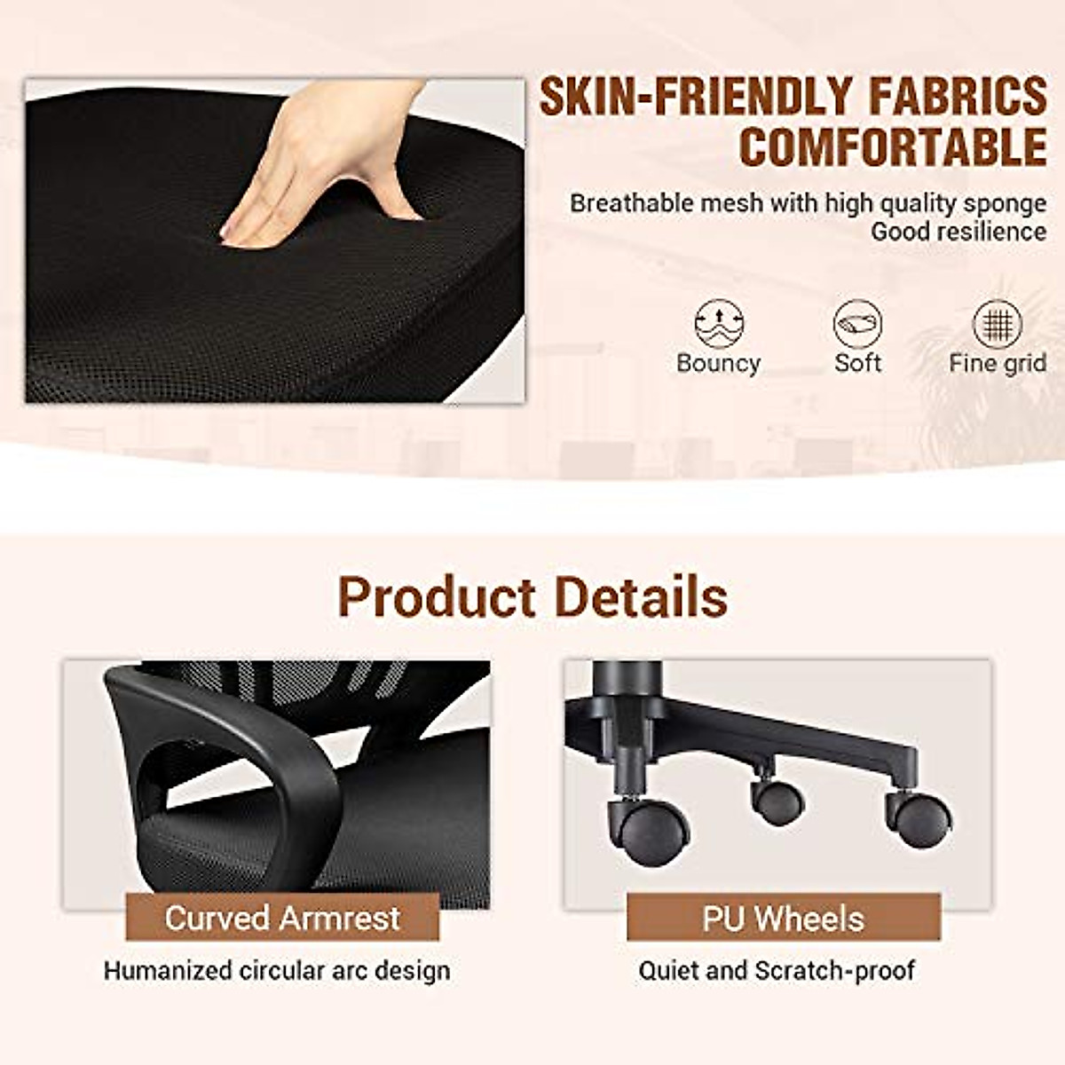 Furmax Office Chair Ergonomic Desk Chair Mesh Computer Chair, Mid Back Swivel Task Chair Executive Chair with Lumbar Support and Armrests (Black)