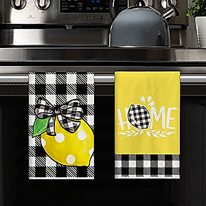 Artoid Mode Buffalo Plaid Bow Tie Lemon Home Summer Kitchen Towels Dish Towels, 18x26 Inch Seasonal Spring Decoration Hand Towels Set of 2