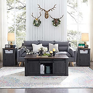 SinCiDo Nightstand with Charging Station, 20" Farmhouse End Table w/Groove Barn Door, Rustic Wood Sofa Side Bedside Table w/Open & Adjustable Shlef for Bedroom, Living Room, Dark Grey