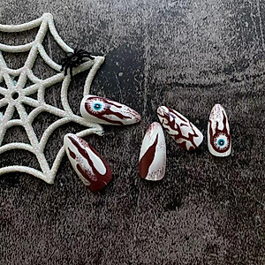 24 Pcs Halloween Press on Nails Almond White Fake Nails Blood stains and Terror Eyeballs Designs Full Cover False Nails with Glossy Stick on Nails for Women