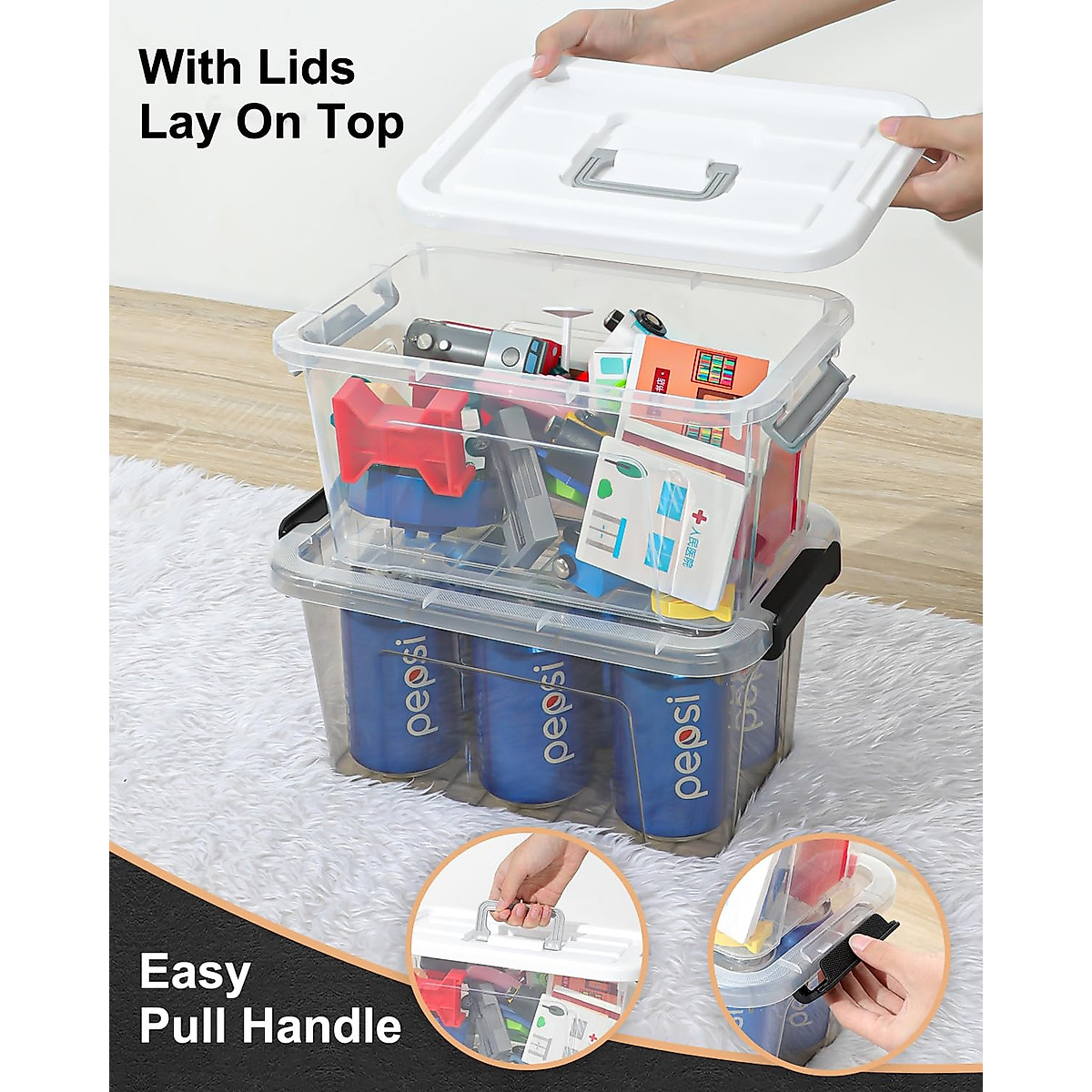 NUMIFUN Plastic Storage Bins With Lids 6 Pack Storage Organizer Bins, 7 Quart Stackable Storage Bins with Lids and Black Handle Buckle Easy for Home Office Organization, White Lids