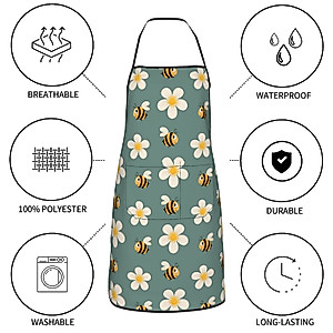 weecool Retro Daisy and Bee Apron for Men Women with 2 Pockets, Bee Print Waterproof Adjustable Aprons for Cooking Painting