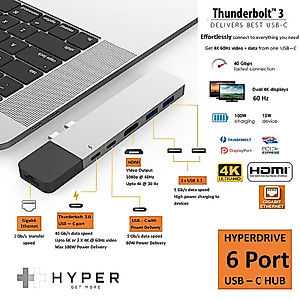HyperDrive USB C Hub, NET 6-in-2 for MacBook Pro Air, Multi-Port USB-C Dongle w/Gigabit Ethernet, 40Gbps/100W PD, 5Gbps/60W PD, 4K30Hz HDMI