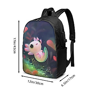 DICITNET Cute Axolotls Fish Backpacks 17 Inch Travel Laptop Backpack College BookBag for Men and Women with USB Charging Port for School, Outdoor Sports, Travel