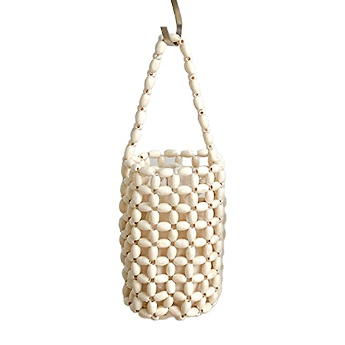 Goodly Wood Beaded Tote Handbag/Summer Mini Beads Bag/Wood Beads Circle Tote Bag for Women (Beige)… (Ivory)