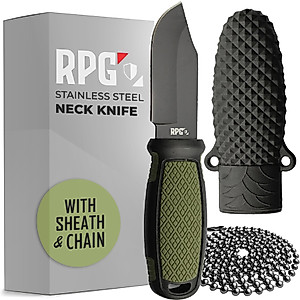 RPG Mini Small Black Full Tang Fixed Blade EDC Tactical Neck Knife with Link Chain Necklace & Plastic Molded Sheath - Concealable Minimalist EDC Survival Knife - 2.5 inch Blade - Stainless Steel