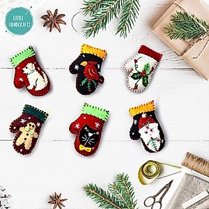 Little Handcrafts Mini Felt Ornaments for Christmas - 6Pcs Handmade Mittens Ornaments in Felt Applique - Kids Toddler Felt Hanging Decoration - Christmas Tree Ornament Kits - Holiday Home Decor