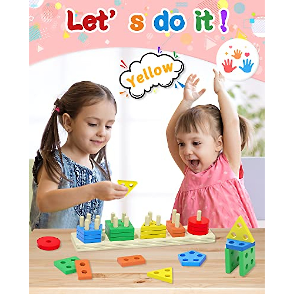 Yetonamr Montessori Toys for 1 2 3 Years Old Boys Girls, Wooden Sorting & Stacking Toys for Toddlers and Kids Baby, Color Recognition Shape Sorter Gift Educational Learning Toy Puzzles Ages 1-3