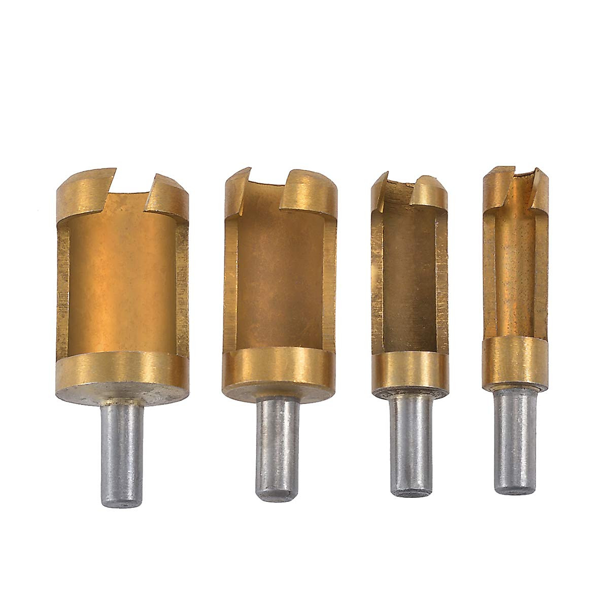 HOHXEN 4pcs Wood Plug Hole Titanium Coated Cutter Drill Bits Set 1/4" 3/8" 1/2" 5/8" Cutting Dowel Power Woodworking Cork Hole Saw Tool Round Wood Plug Tenon Drill Bit Set