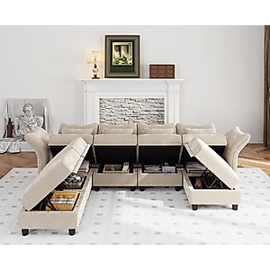 LLappuil 7 Seater Sectional Sofa Couch U Shaped Chenille Modular Sofa for Living Room with Ottoman, Adjustable Armrest/Backrest, 114.2" Width, Khaki