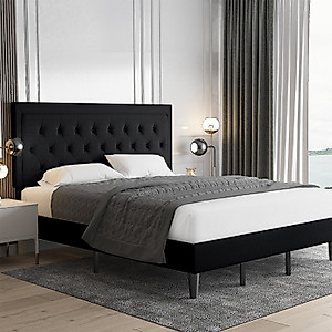 Allewie King Size Bed Frame Upholstered Platform Bed with Adjustable Headboard, Button Tufted, Wood Slat Support, Easy Assembly, Black