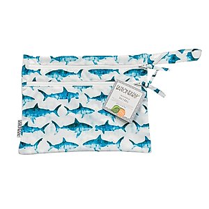 BapronBaby Shark Attack Wet Dry Bag - Waterproof Two Zipper Pockets - Reusable for Mealtime, Diapers, Stroller, Snacks, Swimsuits - Machine Washable - 11" x 9"