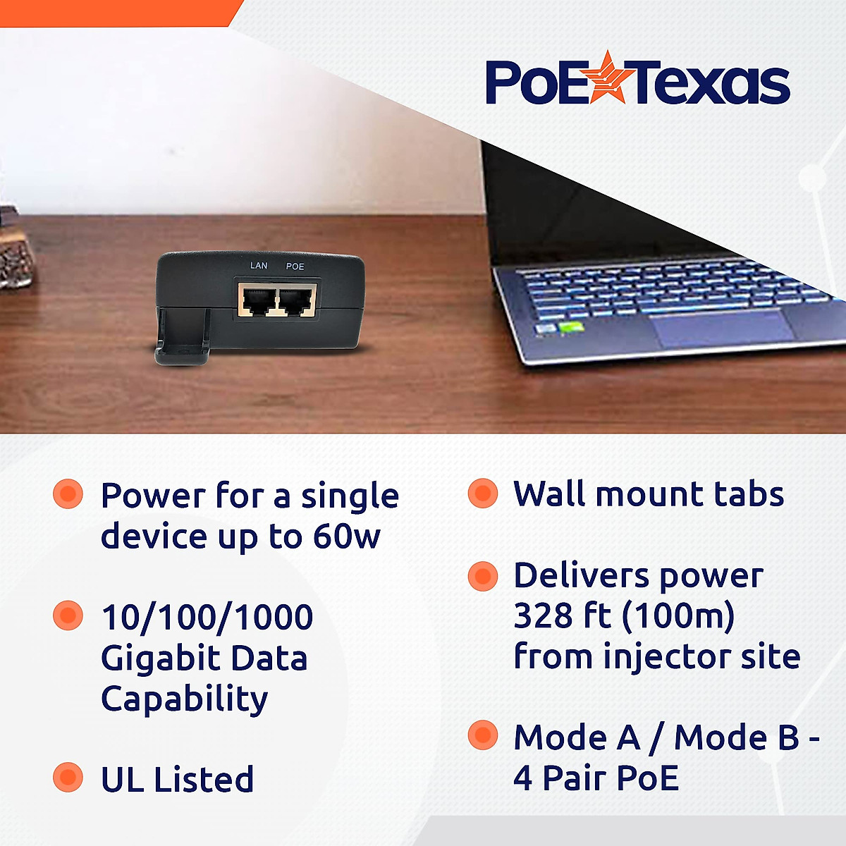 Poe Texas PoE Injector - 802.3bt PoE++ Single Port 4 Pair Power Over Ethernet Injector - 6KV Surge Protection - Active PoE Adapter 55V 60W Output - 10/100/1000 Gigabit Data - Wall Mount Plug & Play