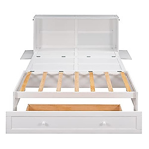 CKLMMC Queen Size Mobile Platform Murphy Bed with Drawer and Little Shelves on Each Side,Traditional Solid Wood Cube Cabinet Bed for Guest Room Home Office