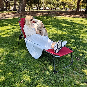 KingCamp Folding Outdoor Chaise Lounge Chair, 5-Position Adjustable for Beach, Sunbathing, Patio, Pool, Lawn, Lay Flat Portable Heavy-Duty Camping Reclining Chair with Shoulder Strap Side Pocket, Wine