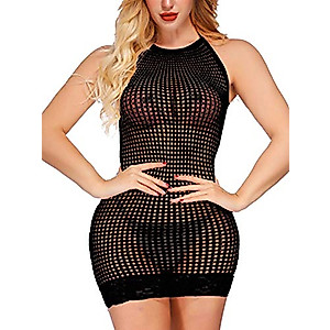 OGNEE Women's Sexy Lace Teddy Fishnet BobyStocking Lingerie Mesh Hole Strap Stretch Chemise Babydoll Bodysuit Mini Dress (black)