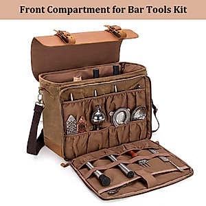 LoDrid Portable Bartender Bag for Bar Kits, Vintage Genuine Leather Waxed Canvas Travel Bar Case with Thick Inner Dividers and Adjustable Shoulder Strap for Cocktail Making, Bag Only,(Patent Design)