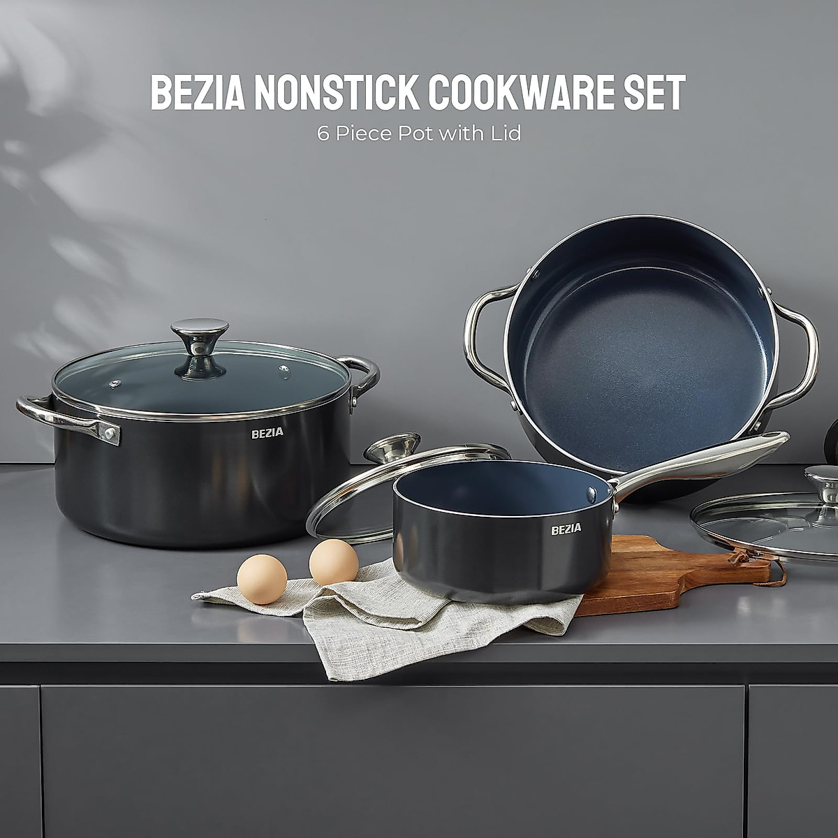 Induction Cookware Set 6-Piece, Stackable Kitchen Cooking Pots Set, 6qt 4.8qt & 2qt Pots with Lids, Dishwasher Safe & Oven Safe, Compatible with All Stoves, Black