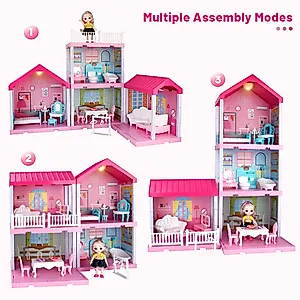 Elf Lab Dollhouse Building Toys, Princess Doll House, Playset with Lights, Furniture, Accessories and Dolls, Cottage Pretend Doll House Set, Creative Present for Girls Toddlers (4 Rooms)