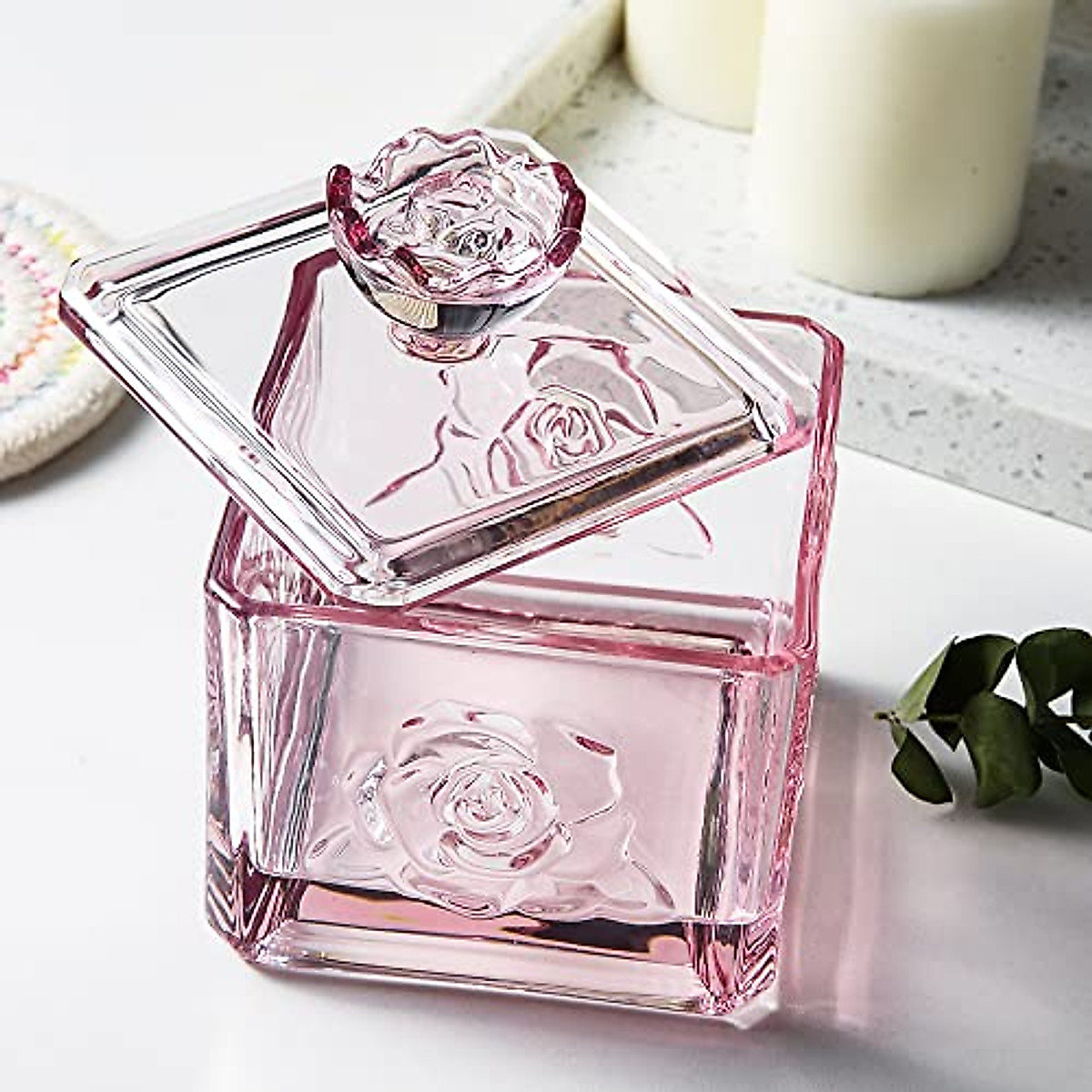 Gaolinci Roses & Butterflies Embossed Glass Candy Jar, Stained Glass Food Jar with Lid