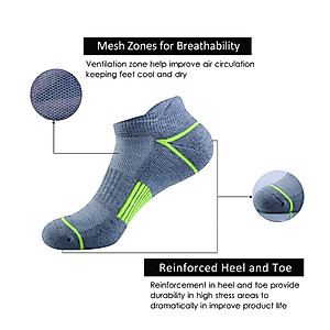 JOYNÉE Mens Athletic Low Cut Ankle Tab Socks 6 Pack Cushioned Breathable for Running,Light Grey,Sock Size:10-13