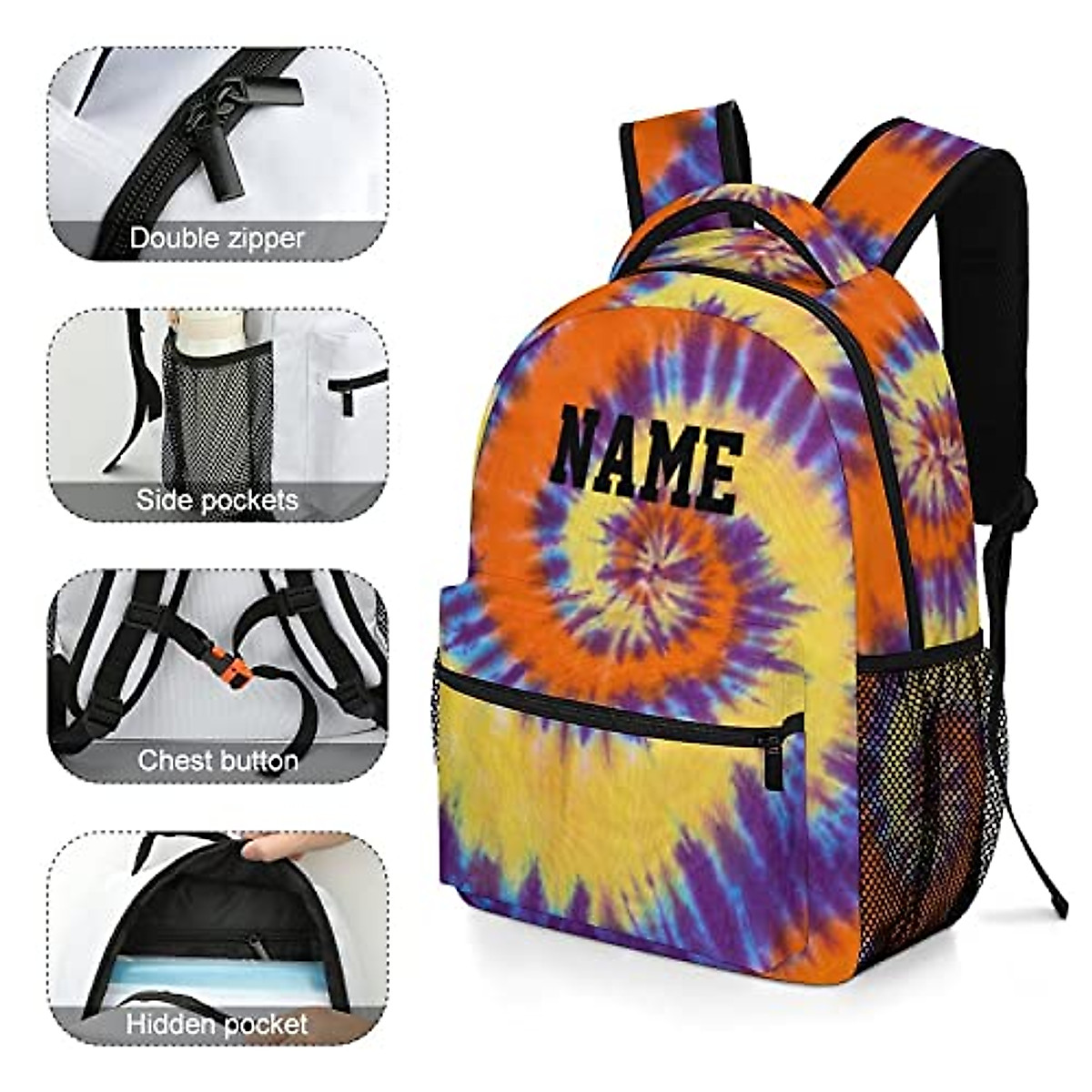 Aicihert Custom Orange Tie Dye Backpack Personalized Name Text Backpack Daypacks Customized BookBags School Bag for Student Boys Girls