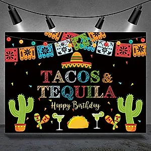 Rsuuinu Mexican Fiesta Backdrop Happy Birthday Tacos and Tequila Colorful Lights Background Drop Cinco De Mayo Backdrop for Pictures Birthday Party Mexican Decorations Banner Photo Booth Props 7x5ft