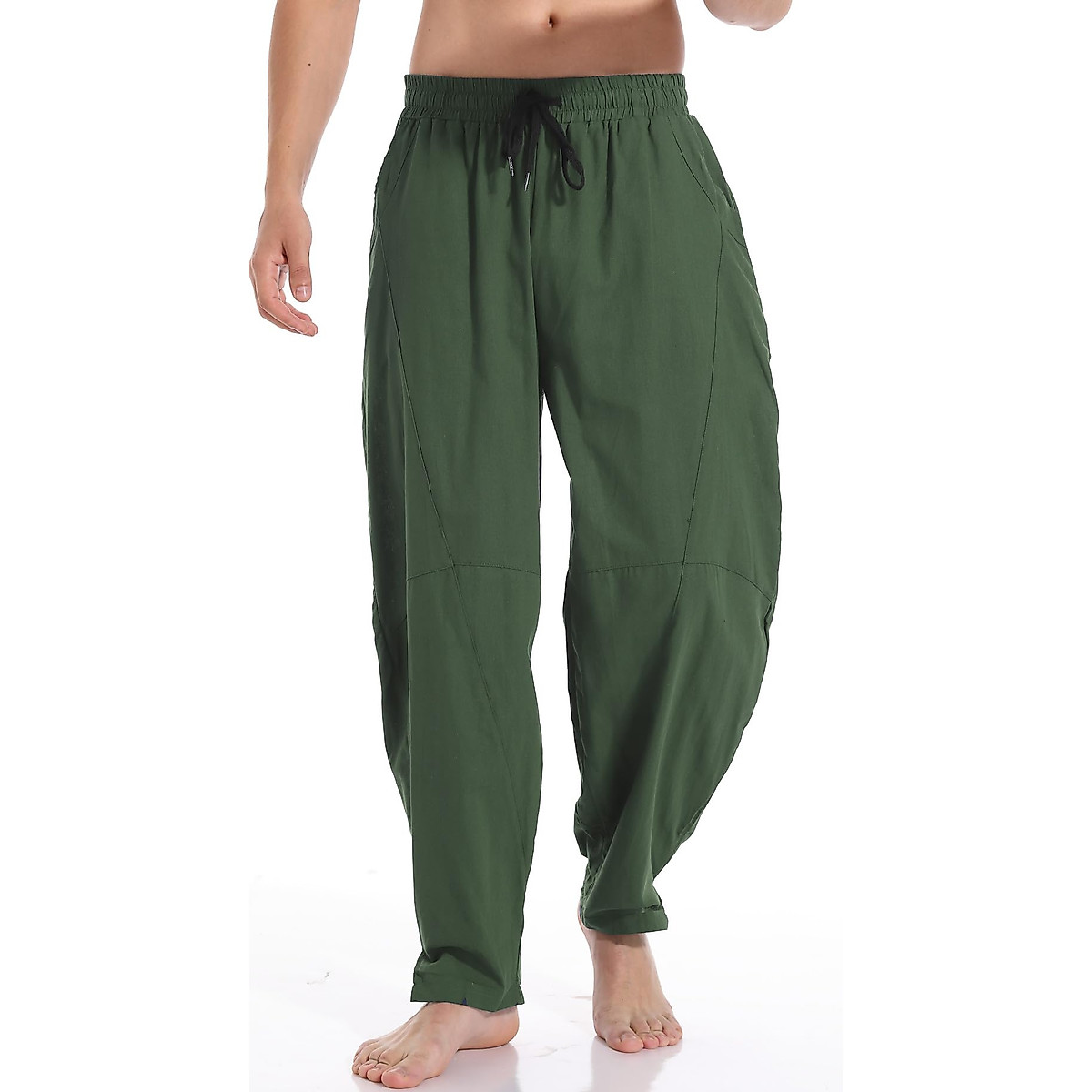AITFINEISM Mens Cotton Linen Pants Elastic Drawstring Waist Lightweight Summer Beach Pants (32-34, Dark Green)
