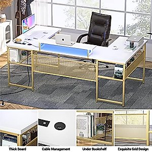 Unikito U Shaped Desk with LED Strip and Power Outlet, Reversible Large Corner Computer Desk with Monitor Stand and Storage Shelf, 83 Inch U Shape Office Desks, 2 Person L Shaped Gaming Table, White