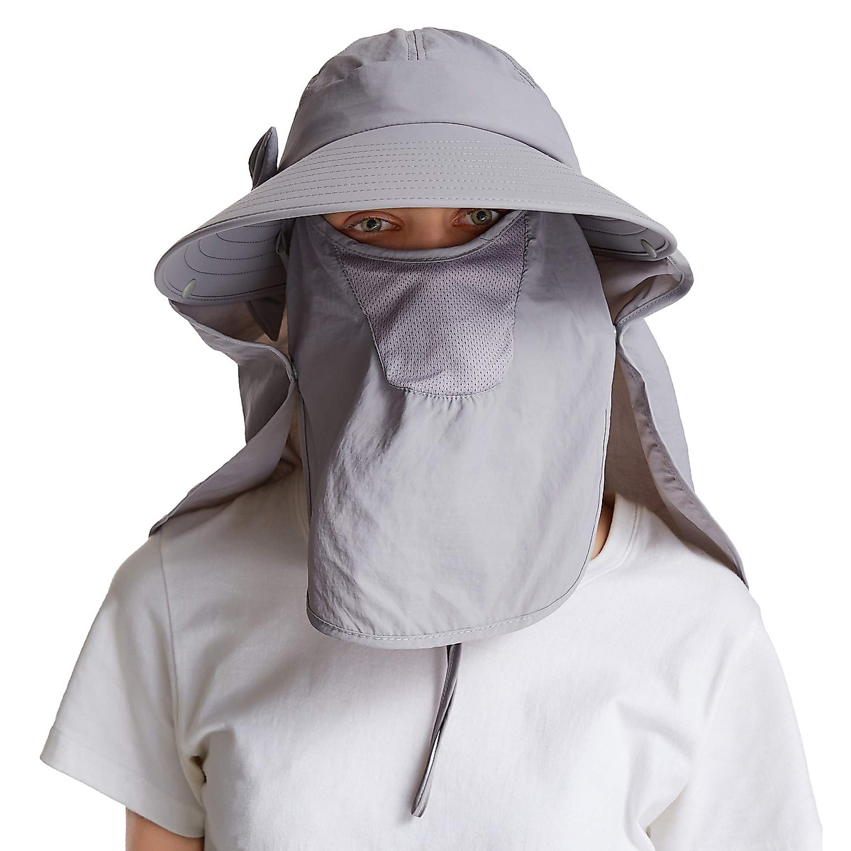 icolor Women Sun Cap Finshing Hats UPF+50 Detachable Face Mask Neck Flap Visor Wide Brim Sun Protection Hiking Hats Light Gray