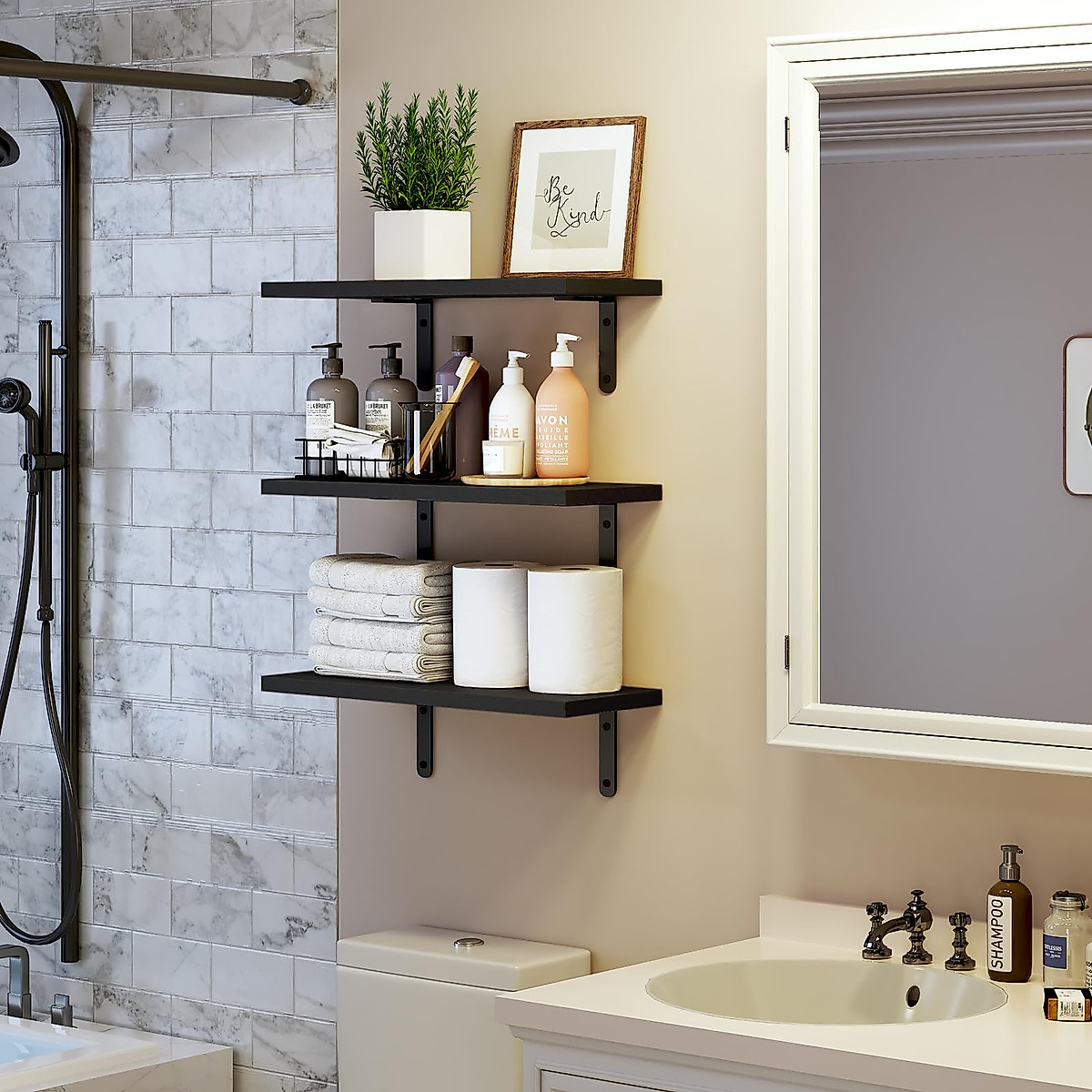 Fixwal Floating Shelves for Wall, 4 Sets Wall Shelves Farmhouse Wood Wall Shelf Wall Mounted Floating Shelves for Bedroom Decor, Bathroom Storage, Book Shelf for Wall - Black