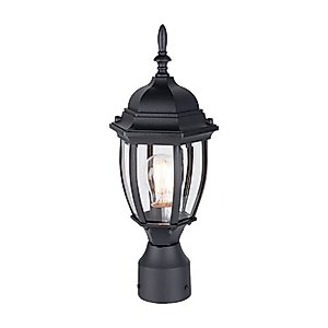 LIT-PaTH Outdoor Post Lighting Fixture Pole Lantern, E26 Medium Base Max 60W, Aluminum Housing Plus Glass, Matte Black Finish, 1-Pack