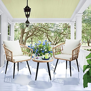 HYDRAGARDEN 3 Piece Patio Bistro Set, Outdoor Wicker Conversation Chair Sets Balcony Furniture with Coffee Table & Cushions, All-Weather Rattan Table and Chairs Set for Porch Backyard Deck Poolside