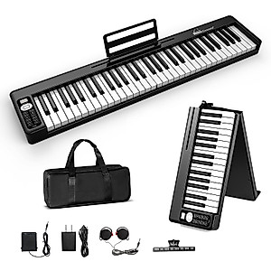 Cossain Piano Keyboard 61 Keys, Folding Digital Piano with Bluetooth [Rechargeable/Touch Sensitive/Semi-Weighted] Portable Piano Keyboard for Beginners, Teens, Adult (Piano Bag, Stand Included)
