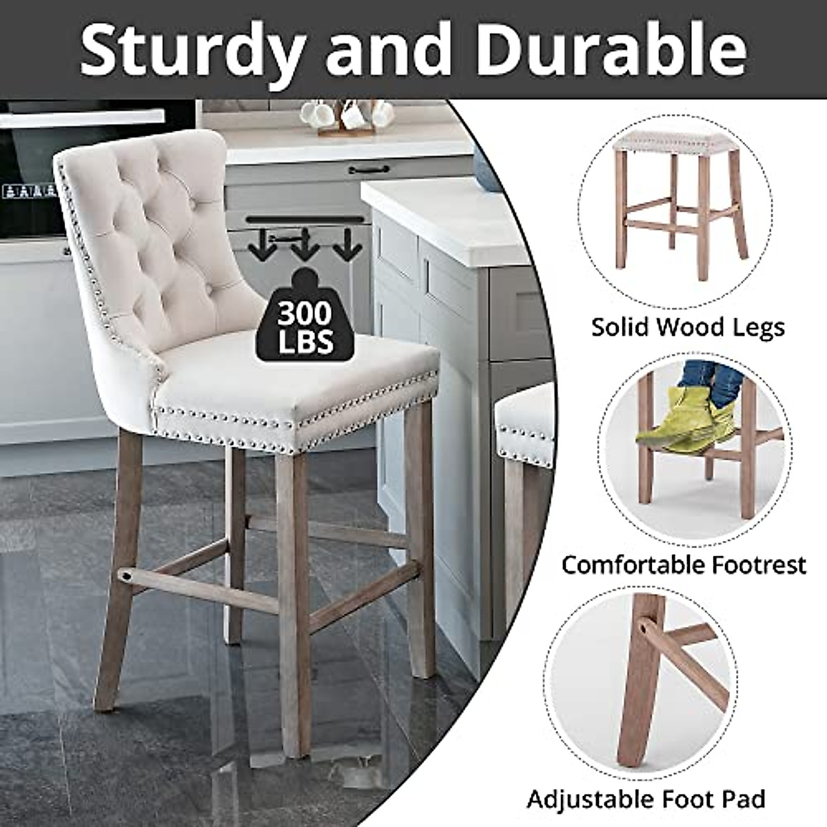 i-POOK Counter Height Bar Stools Set of 4, Velvet Upholstered Barstools with Button Tufted, Nailheads Trim and Solid Wood Legs, Full Back Bar Chairs for Kitchen Island Dining Room Pub Cafe, Beige