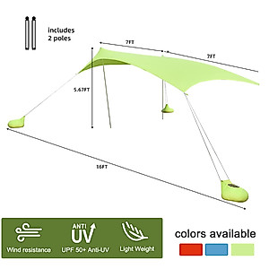 Pop Up Beach Tent, Beach Canopy Sun Shelter with UPF50+ UV Protection, 2-5 Person Sunshade with 2 Poles, 4 Sandbag Anchors, 4 Ropes&Storage Bag, for Camping,Trips,Picnics - 6.9x4.9x5.2ft (Green)