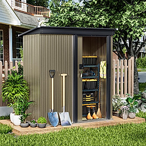 Outdoor Metal Shed 5FTx3FT, Mini Weather Resistant Tool Storage Sheds with Lockable Door, Sloped Roof Storage Shed, Perfect for Backyard, Garden & Lawn(Brown)