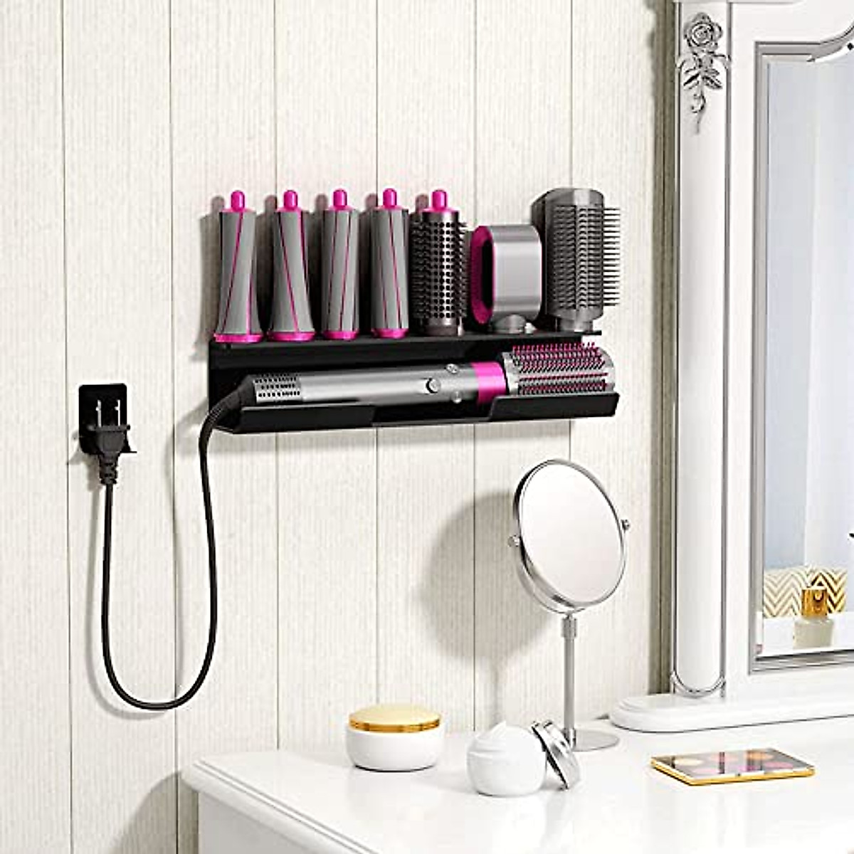 Wall Mount Holder for Dyson Airwrap Styler Hair Curling Iron Wand Barrels and Brushes Storage Stand Rack with Cord Organizer Acrylic