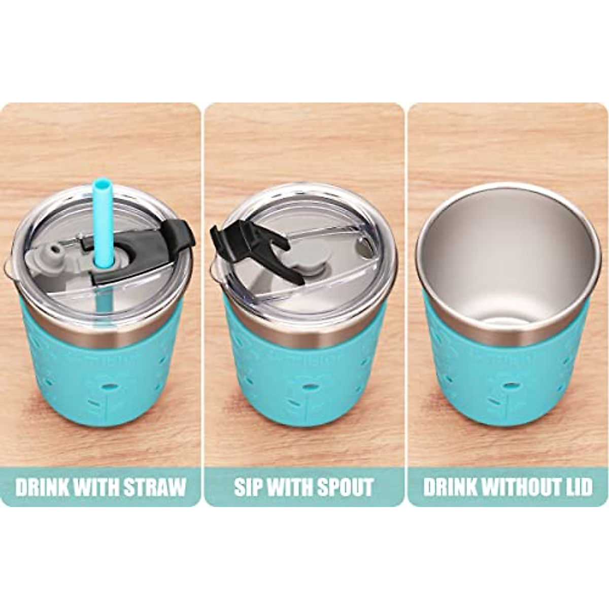 Tiblue Kids & Toddler Cups - Spill Proof Stainless Steel Smoothie Tumblers with Leak Proof Lids, Silicone Straw with Stopper & Sleeve - BPA FREE Snack Cup for Baby Girls Boys(4 Pack, 8oz Multicolor)